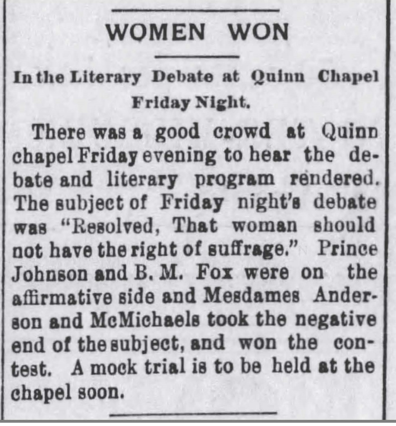 1897 Quinn Chapel Literary Debate on Womens Suffrage | MarionMade